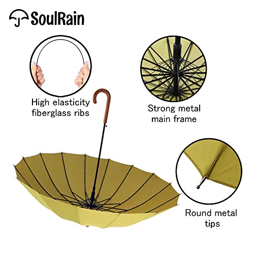 SoulRain 16 Ribs 48" Stick Umbrella Auto Open Solid Color Fashionable and Simple,Arc Classic Wood Handle,Windproof Unbreakable Stick Rain Umbrella (Matcha Green)