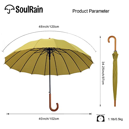 SoulRain 16 Ribs 48" Stick Umbrella Auto Open Solid Color Fashionable and Simple,Arc Classic Wood Handle,Windproof Unbreakable Stick Rain Umbrella (Matcha Green)