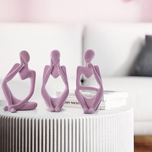 Ksgolif Home Decor Thinker Statue - 3pcs Modern Abstract Art Sculpture Bookshelf Decor Pink Velvet Collectible Figurines Decorations for Living Room Office Women's Day Gift (Pink)