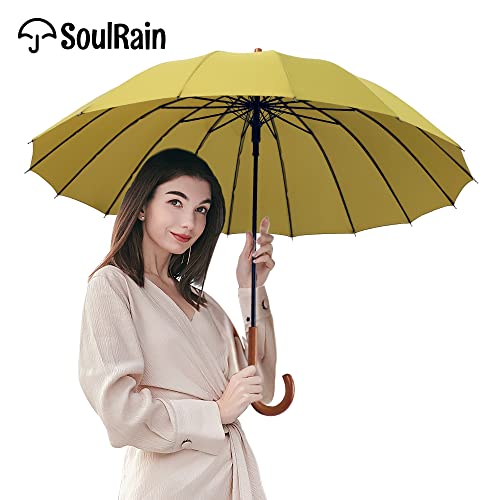 SoulRain 16 Ribs 48" Stick Umbrella Auto Open Solid Color Fashionable and Simple,Arc Classic Wood Handle,Windproof Unbreakable Stick Rain Umbrella (Matcha Green)