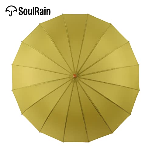 SoulRain 16 Ribs 48" Stick Umbrella Auto Open Solid Color Fashionable and Simple,Arc Classic Wood Handle,Windproof Unbreakable Stick Rain Umbrella (Matcha Green)