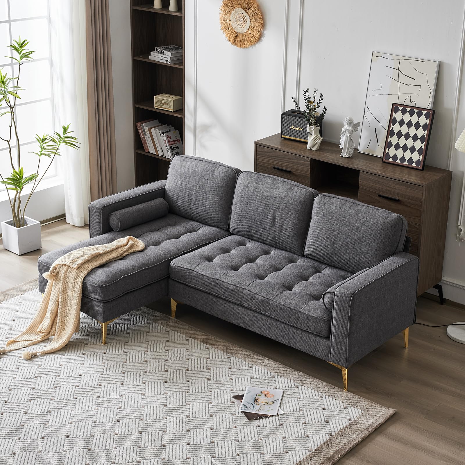 Karl home L-Shape Sectional Sofa Linen Fabric Sofa Couch Living Room Futon Couch with Reversible Chaise, Lattice Decored Seat Cushion, Dark Gray