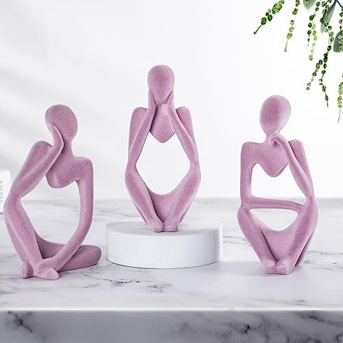 Ksgolif Home Decor Thinker Statue - 3pcs Modern Abstract Art Sculpture Bookshelf Decor Pink Velvet Collectible Figurines Decorations for Living Room Office Women's Day Gift (Pink)