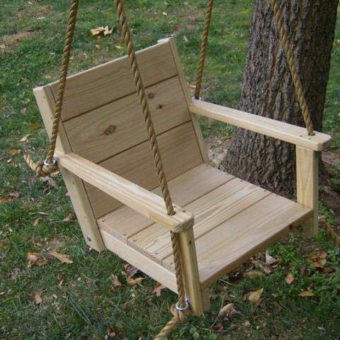 Wood Tree Swings - Wooden Hanging Chair Swing - Hang Outdoors in a Tree on a Porch or Patio Garden - Indoors in a Basement or Children's Playroom - Includes Rope and Clamps