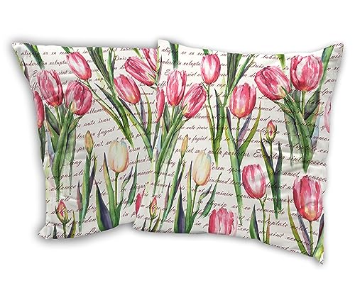 SKYDAWNY Pink Tulip Flowers Pillow Covers, Spring Throw Pillow Cases 18x18 in Square Pillowcases Set of 2 for Home Decorative Living Room Sofa Bedroom Outdoor,Double-Sided Design