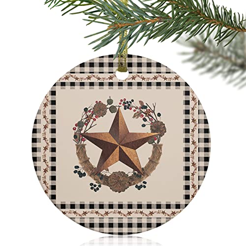 2023 Christmas Ornaments Ceramic Hanging Ornament,Western Star Farm Berry Wreath Xmas Tree Decorations for Holiday Party Home,Country Black Plaid Retro Black Christmas Ornament Gift