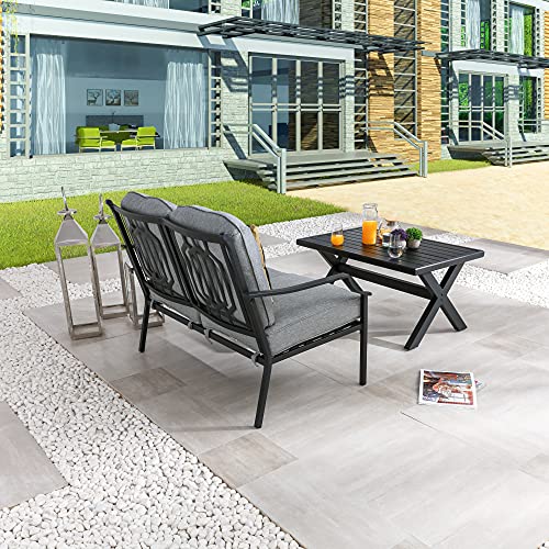 LOKATSE HOME 2 Pieces Outdoor Patio Conversation Furniture Metal Bench Sofa Set Loveseat with Cushion and Coffee Table, Grey