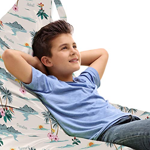 Lunarable Hawaii Lounger Chair Bag, Tropical Summer Beach Tree Island Colorful Floral Aloha Illustration, High Capacity Storage with Handle Container, Lounger Size, Pale Eggshell Multicolor