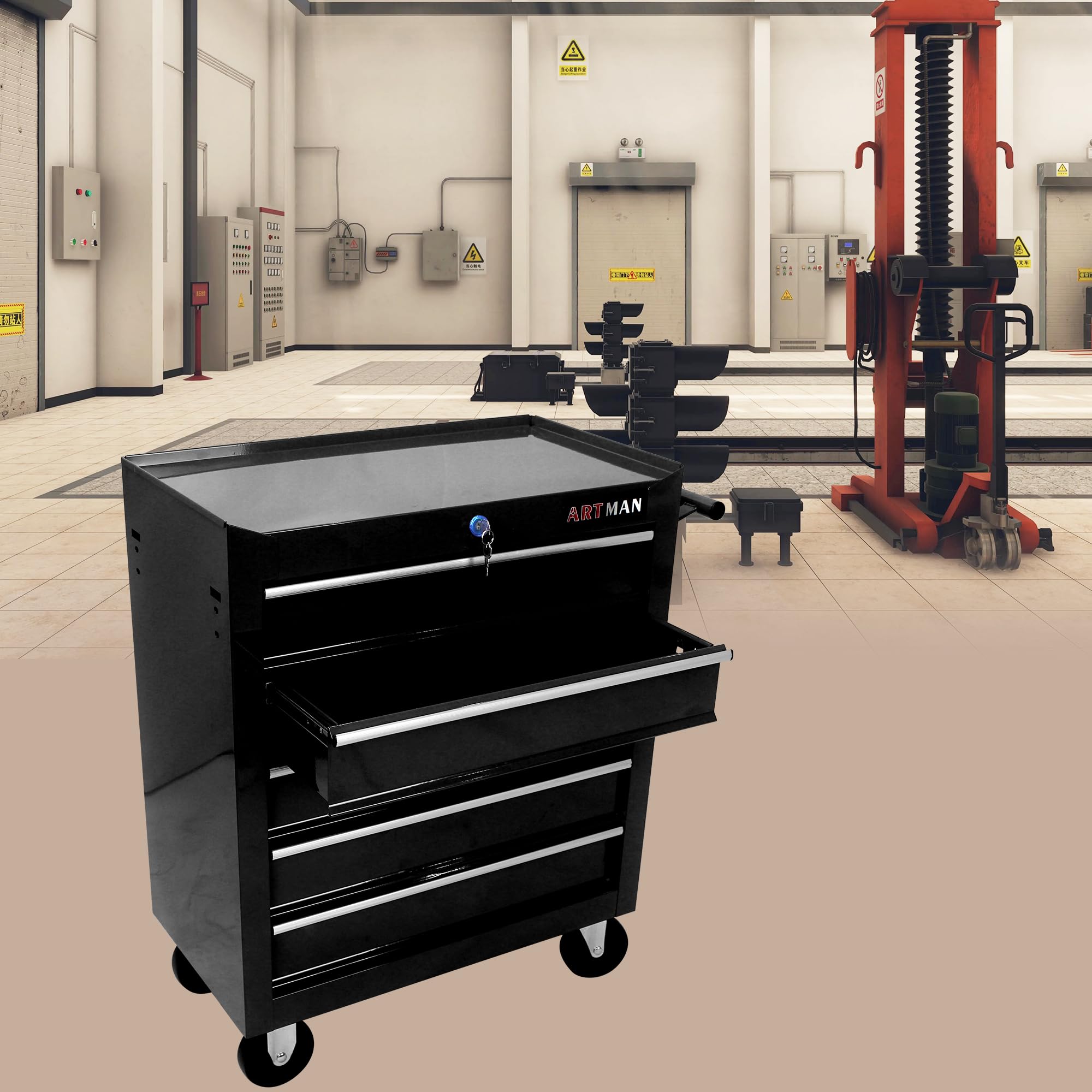5-Drawer Workshop Tool Chest with Wheels and Lockable Drawers, Heavy Duty 220 LBS Capacity Rolling Tool Cart, Cold Rolled Steel Storage Organizer Tool Box for Warehouse, Garage, Repair Shop - BLACK