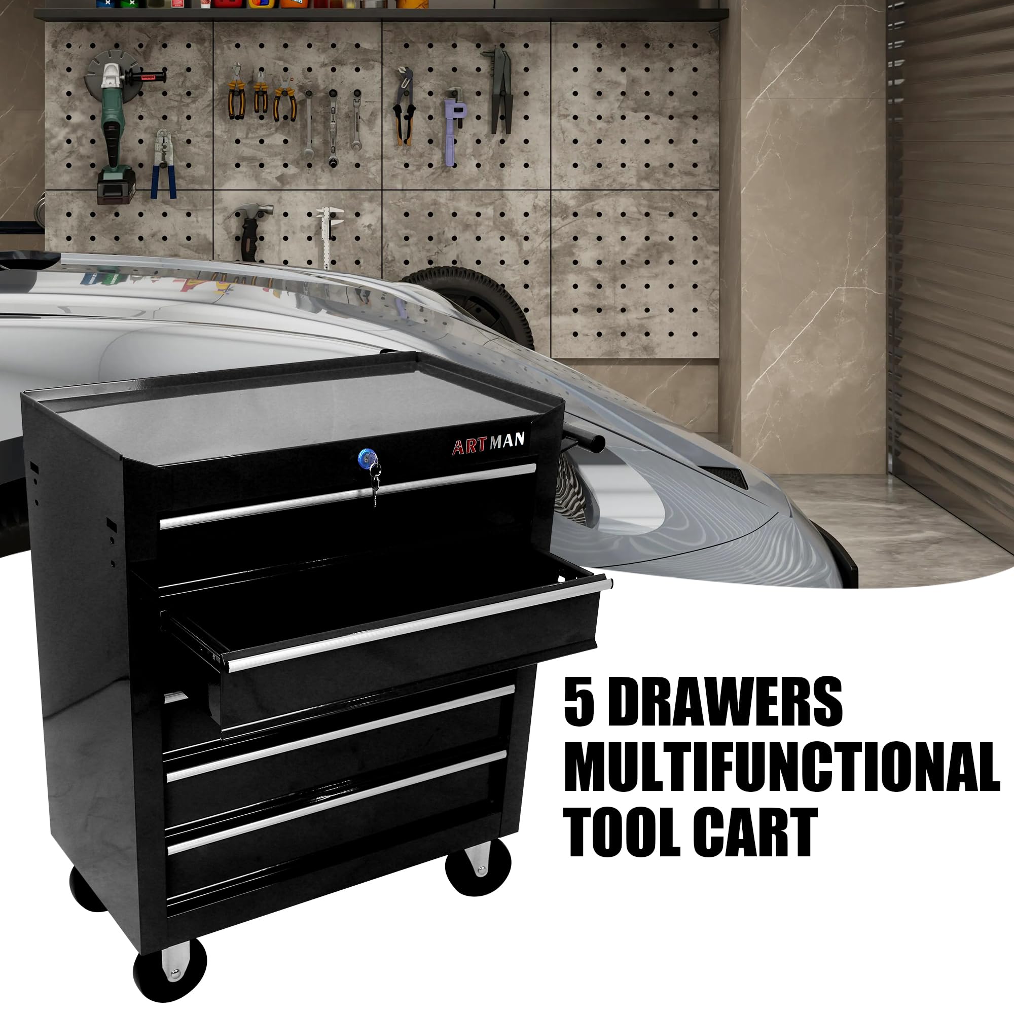5-Drawer Workshop Tool Chest with Wheels and Lockable Drawers, Heavy Duty 220 LBS Capacity Rolling Tool Cart, Cold Rolled Steel Storage Organizer Tool Box for Warehouse, Garage, Repair Shop - BLACK