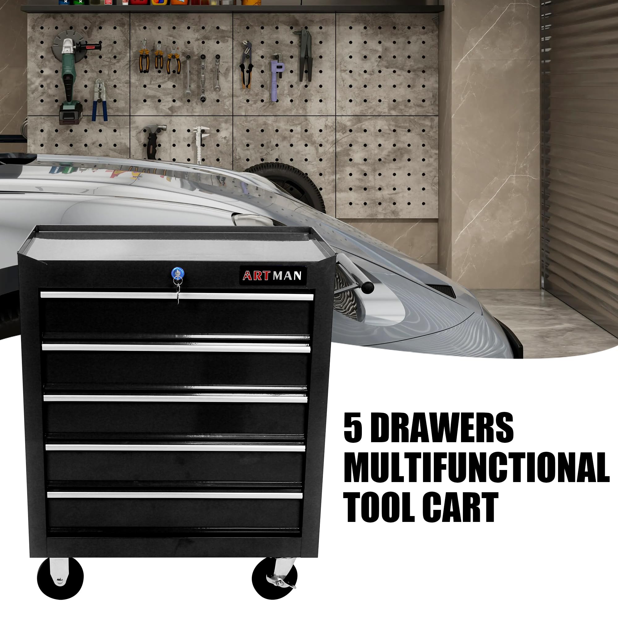 5-Drawer Workshop Tool Chest with Wheels and Lockable Drawers, Heavy Duty 220 LBS Capacity Rolling Tool Cart, Cold Rolled Steel Storage Organizer Tool Box for Warehouse, Garage, Repair Shop - BLACK