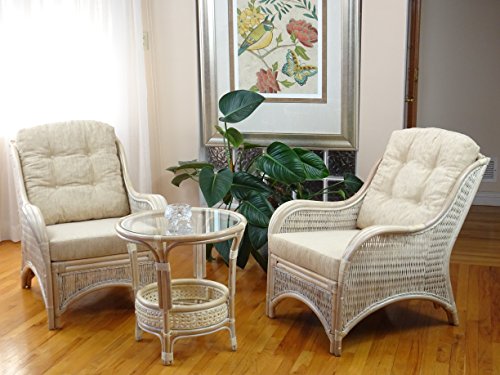 Jam Lounge Living Accent Armchair Natural Rattan Wicker Handmade Design with Cream Cushion, White Wash