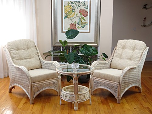 Jam Lounge Living Accent Armchair Natural Rattan Wicker Handmade Design with Cream Cushion, White Wash