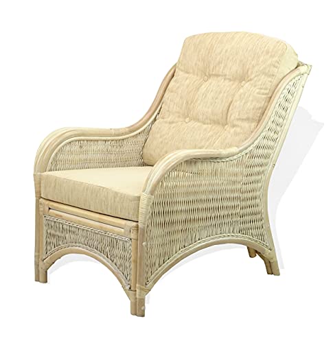 Jam Lounge Living Accent Armchair Natural Rattan Wicker Handmade Design with Cream Cushion, White Wash