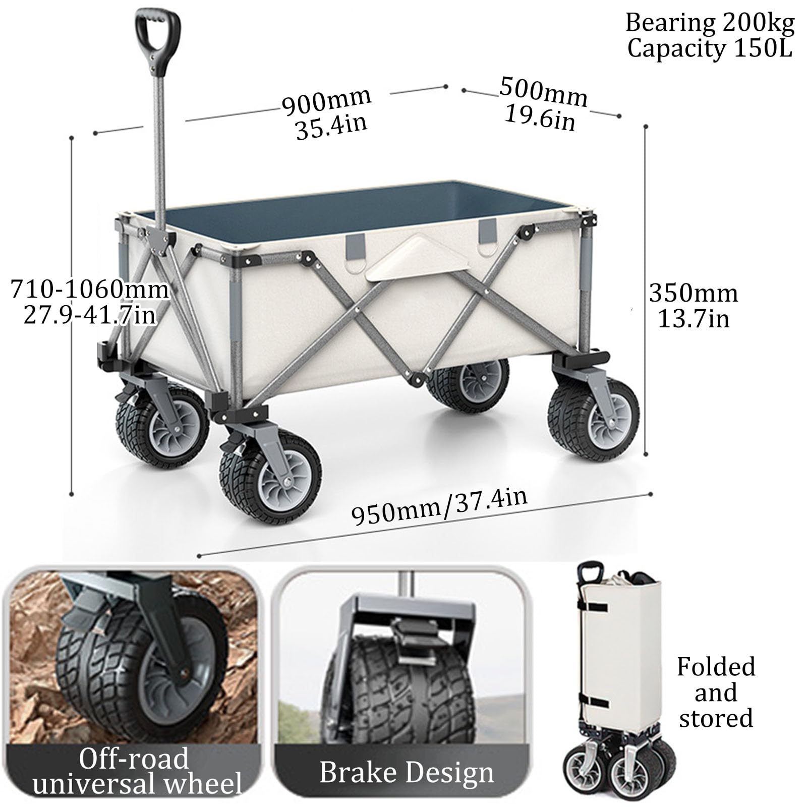 YJSG Collapsible Wagon Garden Cart,Folding Garden Carts,Beach Wagon Grocery Wagon All-Terrain Wagon Beach Wagon Cart Adjustable Handle Off-Road Wheels with Brakes Wheel Camping Cart,(a) White