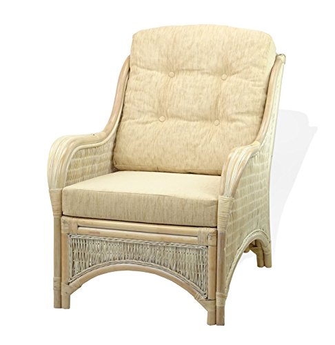 Jam Lounge Living Accent Armchair Natural Rattan Wicker Handmade Design with Cream Cushion, White Wash