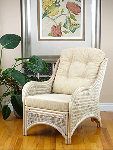 Jam Lounge Living Accent Armchair Natural Rattan Wicker Handmade Design with Cream Cushion, White Wash