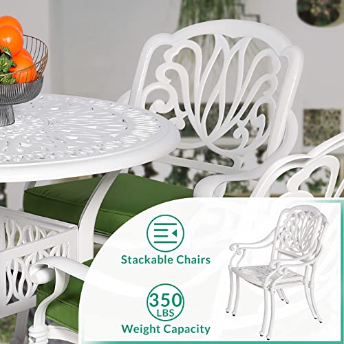 VIVIJASON 2-Piece Outdoor Bistro Dining Cushioned Chairs, Patio Cast Aluminum Dining Chairs, Patio Bistro Chair Set for Balcony, Lawn, Garden, Backyard, White