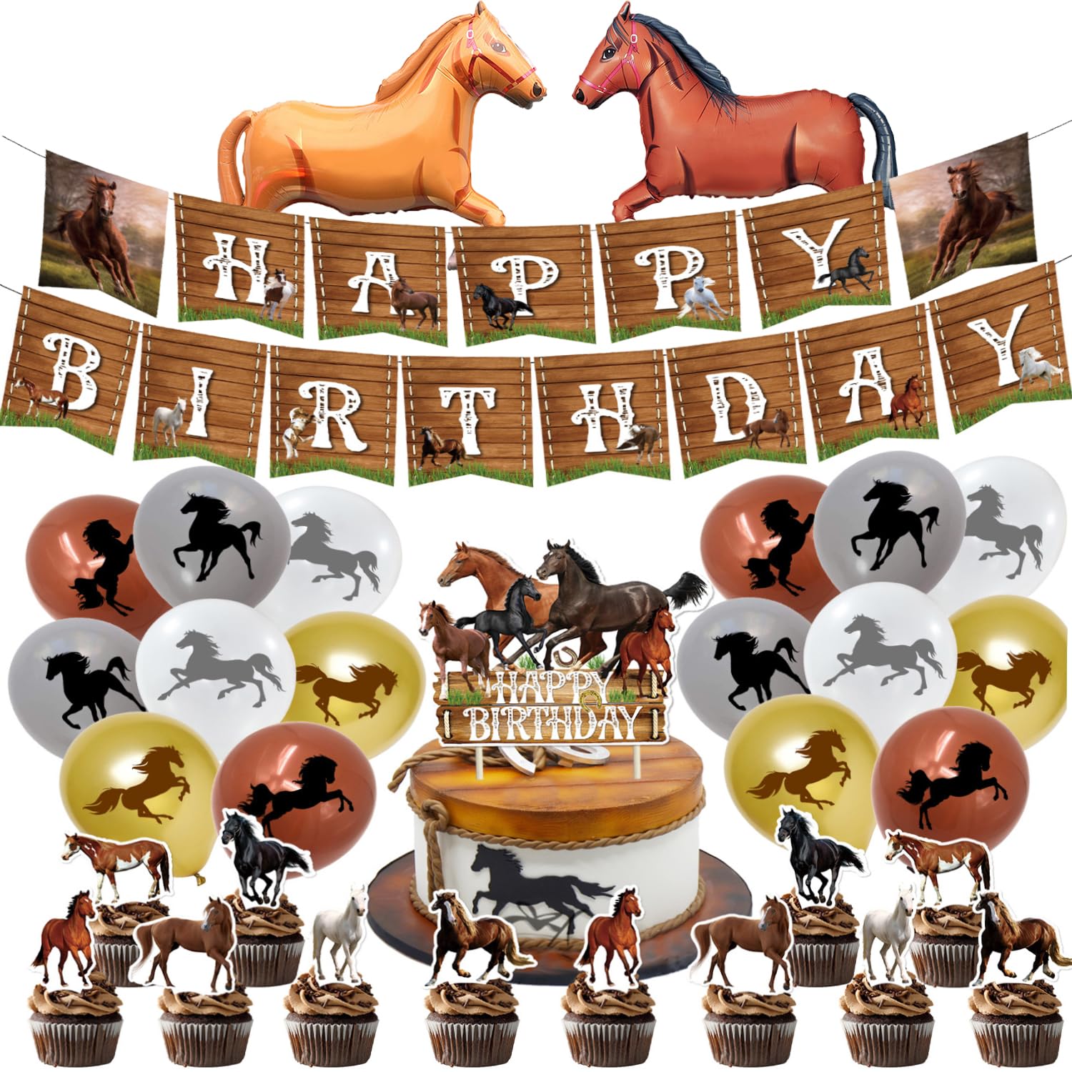 Horse Birthday Party Supplies Decorations Including Wild Horse Theme Happy Birthday Banner, Cake Toppers, Horse Balloon and Horse-Shaped Balloons for Horse Racing Party Western Cowgirl Party