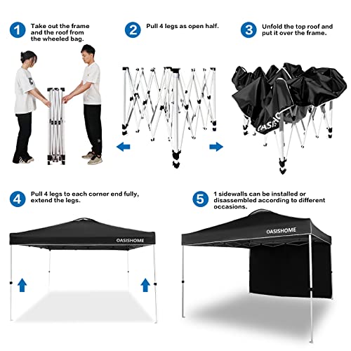 OASISHOME Pop-up Gazebo Instant Portable Canopy Tent 10'x10', with 1 Sidewall, Wheeled Bag, for Outdoor/Beach Parties and Trade Shows (10FTx10FT, Black)