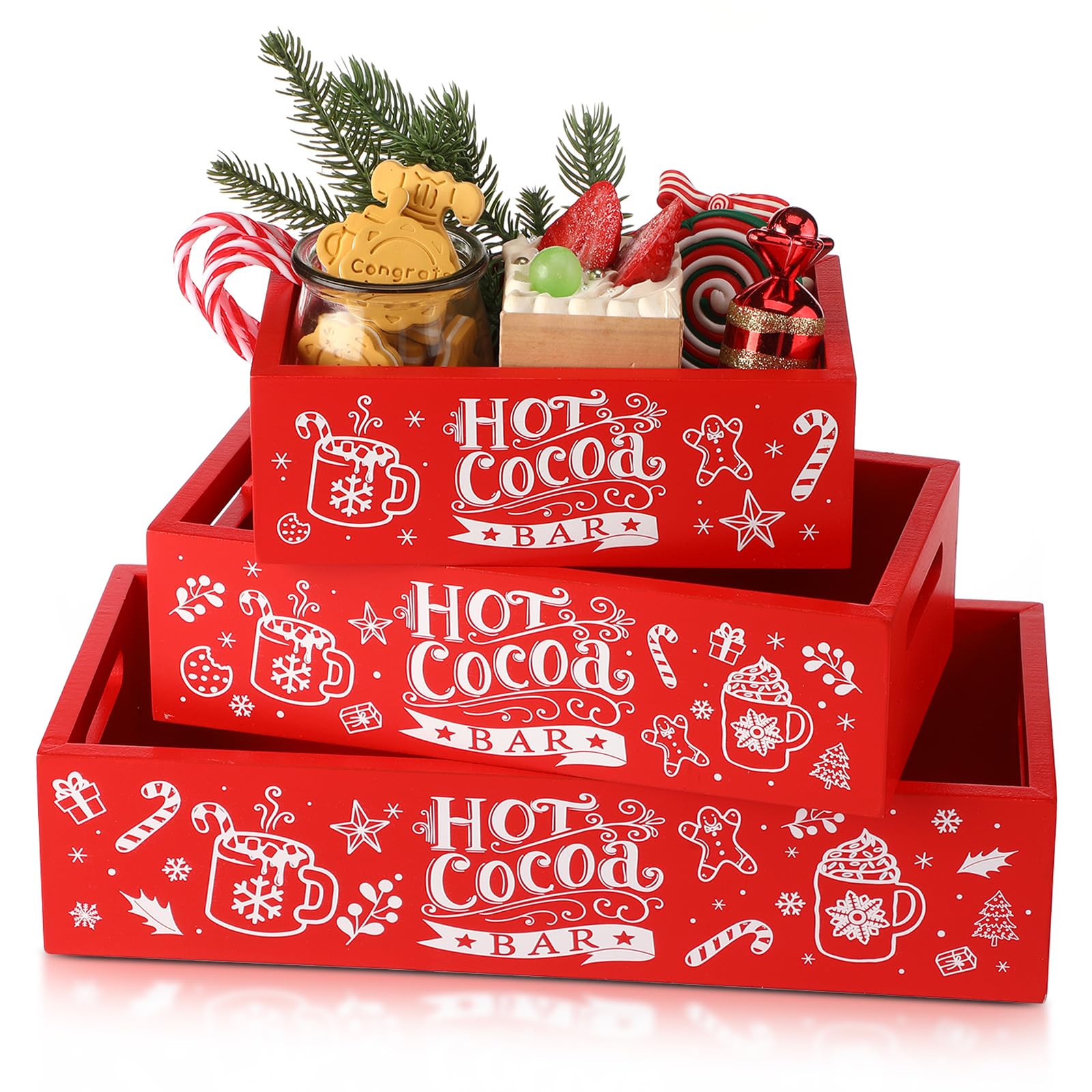 Sliner 3 Pcs Christmas Hot Cocoa Bar Wood Storage Box Rustic Farmhouse Wooden Storage Bins Decorative Wooden Basket Bins Xmas Wood Crate Organizer for Kitchen Office Bathroom Laundry Farmhouse Gift