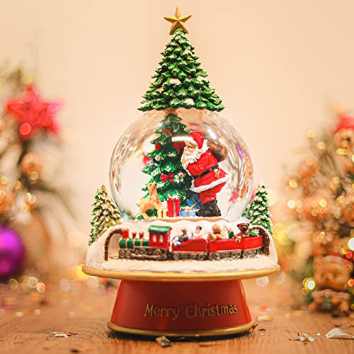 Christmas Snow Globe Santa Claus & Christmas Tree Color Changing Lighted Musical Water Globe with Train Decor Battery Powered Water Resin Glass Balls Table Decor, for Kids&Woman