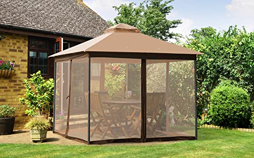 CHARMELEON Gazebo 10x10, Outdoor Gazebo with 4 Sandbags, Double Vented Roof Gazebo with Screen Netting Walls, Waterproof Patio Canopy for Deck, Party & Backyard (Khaki)