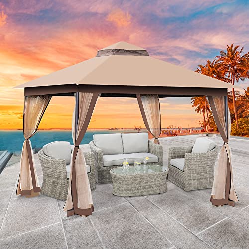 CHARMELEON Gazebo 10x10, Outdoor Gazebo with 4 Sandbags, Double Vented Roof Gazebo with Screen Netting Walls, Waterproof Patio Canopy for Deck, Party & Backyard (Khaki)