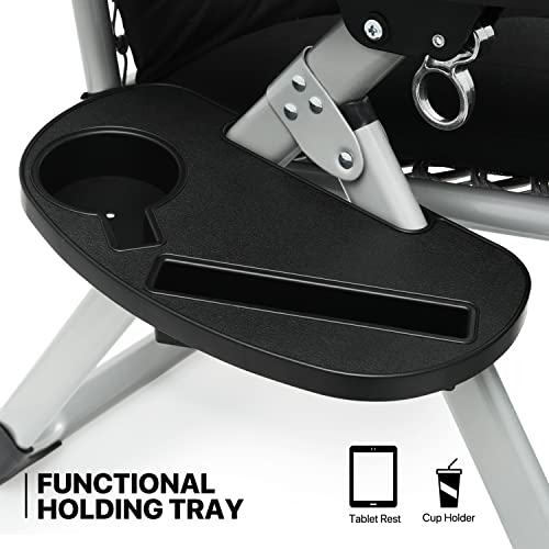 MoNiBloom Reinforced Zero Gravity Chair, Folding Pool Beach Lounger, Portable Tanning Chaise with Cushion, Headrest and Side Tray - Black