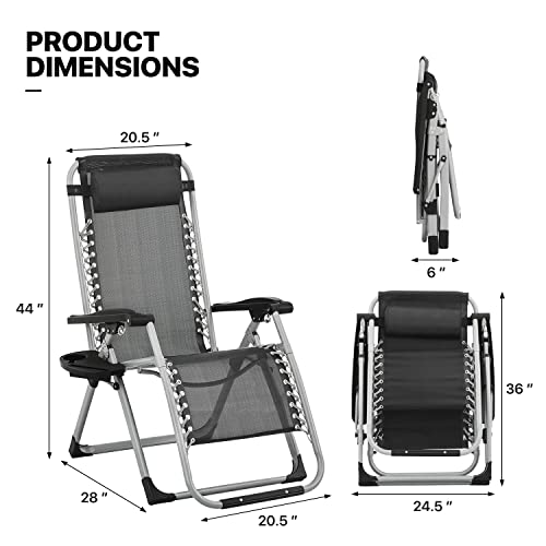 MoNiBloom Reinforced Zero Gravity Chair, Folding Pool Beach Lounger, Portable Tanning Chaise with Cushion, Headrest and Side Tray - Black