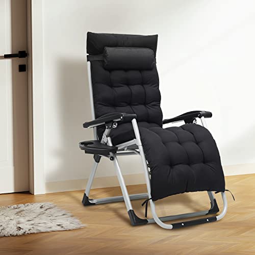 MoNiBloom Reinforced Zero Gravity Chair, Folding Pool Beach Lounger, Portable Tanning Chaise with Cushion, Headrest and Side Tray - Black