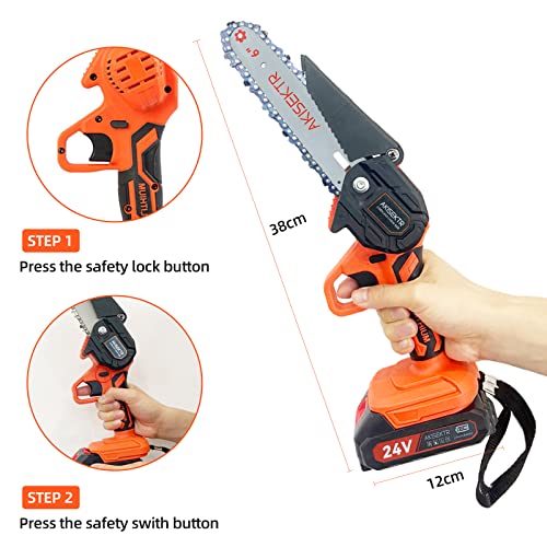 Mini Chainsaw Cordless, 6 Inch 4 Inch Small Chainsaw One-Hand Use Electric Chain Saw with 2x24V Rechargeable Battery, Portable Handheld Chainsaw Battery Powered for Wood Cutting Tree Trimming(Orange)