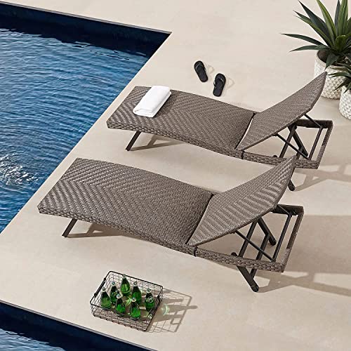 Ulax Furniture Outdoor Wicker Chaise Lounge Adjustable Padded Patio Reclining Chaise Lounger Chairs with Non-Rust Aluminum Frame and Wheels, Set of 2