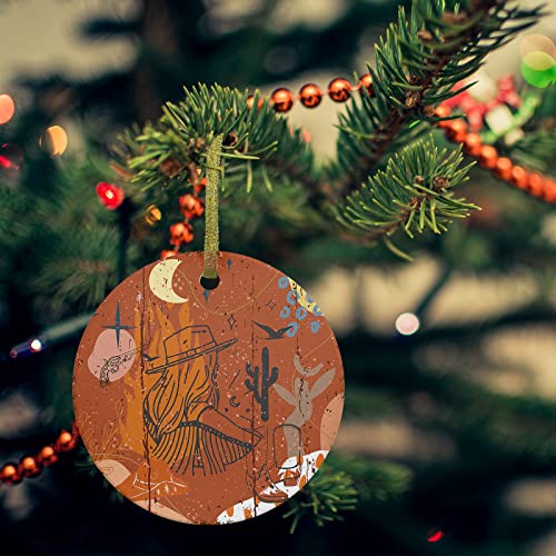 2023 Christmas Ornaments Ceramic Hanging Ornament,American West Cowboy Hat Boots Abstract Tropical Leaf Cactus Xmas Tree Decorations for Holiday Party Home,Boho Aesthetic Christmas Ornament Gift