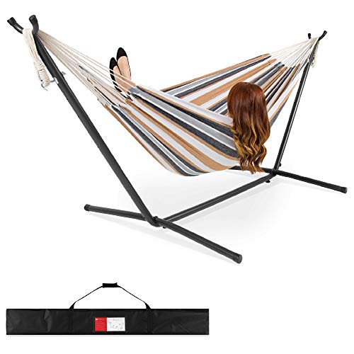 Best Choice Products 2-Person Double Hammock with Stand Set, Indoor Outdoor Brazilian-Style Cotton Bed for Backyard, Camping, Patio w/Carrying Bag, Steel Stand, 450lb Weight Capacity - Desert Stripes