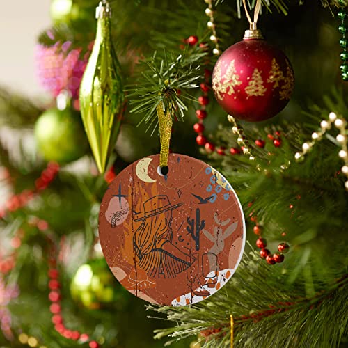 2023 Christmas Ornaments Ceramic Hanging Ornament,American West Cowboy Hat Boots Abstract Tropical Leaf Cactus Xmas Tree Decorations for Holiday Party Home,Boho Aesthetic Christmas Ornament Gift