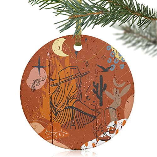 2023 Christmas Ornaments Ceramic Hanging Ornament,American West Cowboy Hat Boots Abstract Tropical Leaf Cactus Xmas Tree Decorations for Holiday Party Home,Boho Aesthetic Christmas Ornament Gift