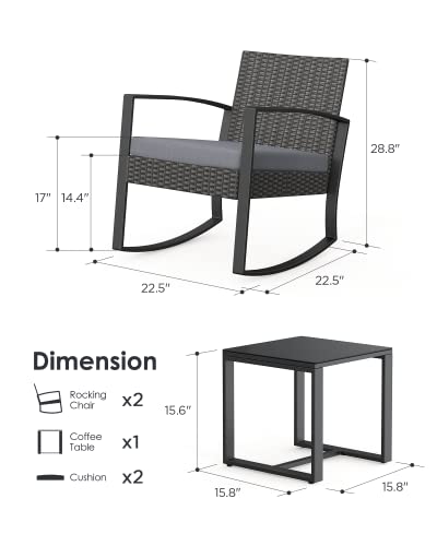 3 Pieces Wicker Patio Furniture Set, Modern Rocking Conversation Set with Coffee Table, Outdoor Rattan Patio Chairs Bistro Set for Balcony Porch Garden Yard Poolside, Grey