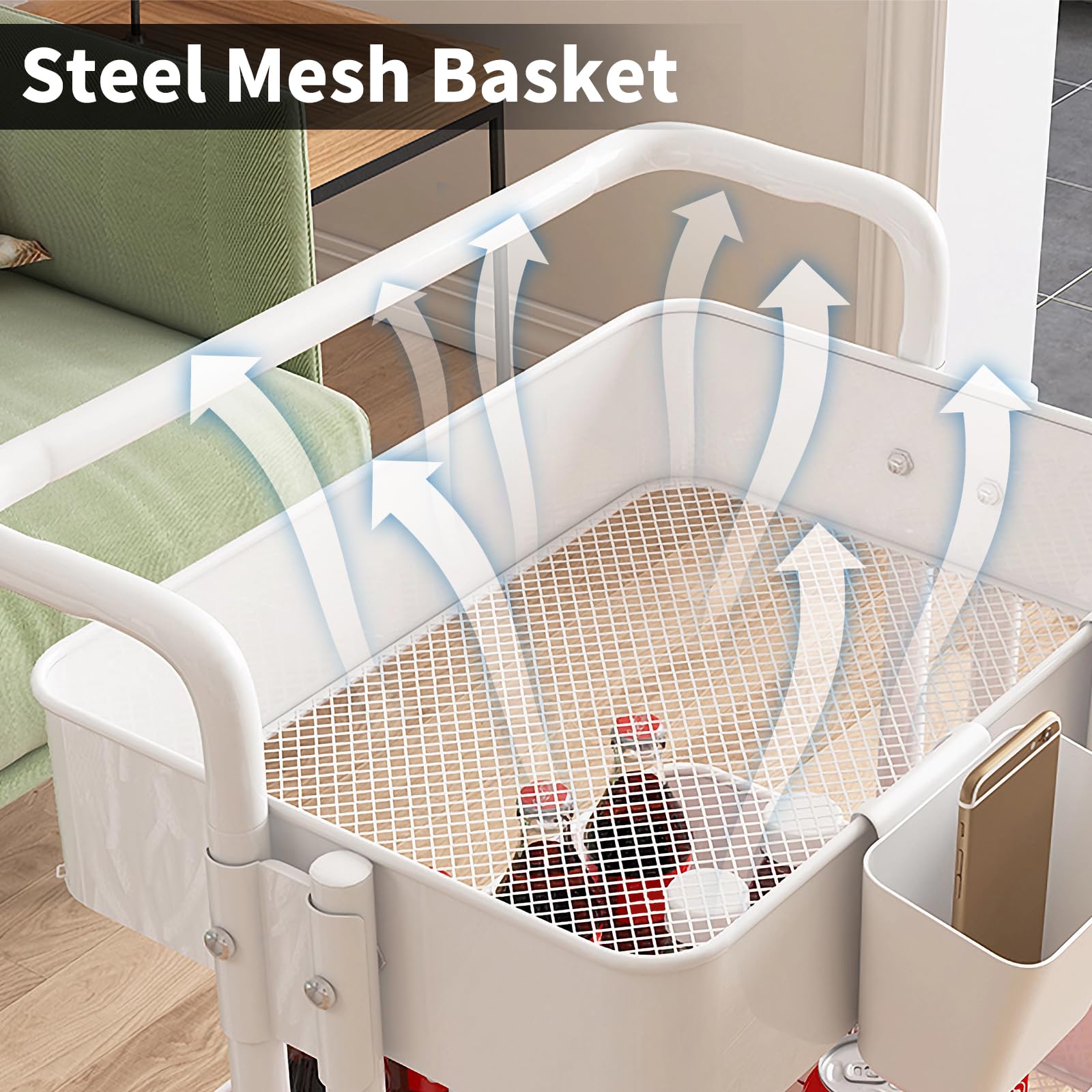 EZ COZY 3 Tier Rolling Cart Heavy Duty,Metal Rolling Utility Cart with Wheels and Handle, Rolling Storage Cart with 2 Hanging Buckets, Multifunctional Trolley for Kitchen, Living Room, Office (White)
