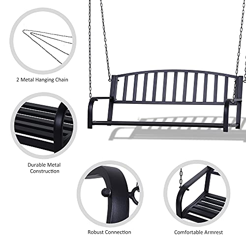 Outsunny 2 Person Front Porch Swing Patio Swing Bench, Outdoor Steel Swing Chair with Sturdy Chains, for Backyard, Deck, 528 lb Weight Capacity, Black