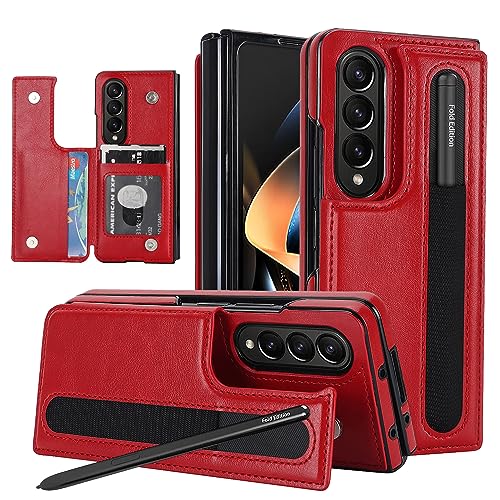 Case Compatible with Samsung Galaxy Z Fold 3 5G Wallet Case with S Pen Holder&Card Holder Kickstand, Women Men Leather Wallet Phone Case for Z Fold 3 Red