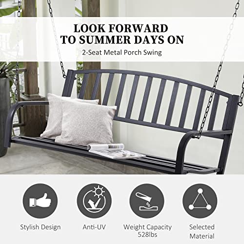Outsunny 2 Person Front Porch Swing Patio Swing Bench, Outdoor Steel Swing Chair with Sturdy Chains, for Backyard, Deck, 528 lb Weight Capacity, Black