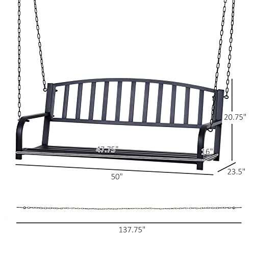 Outsunny 2 Person Front Porch Swing Patio Swing Bench, Outdoor Steel Swing Chair with Sturdy Chains, for Backyard, Deck, 528 lb Weight Capacity, Black