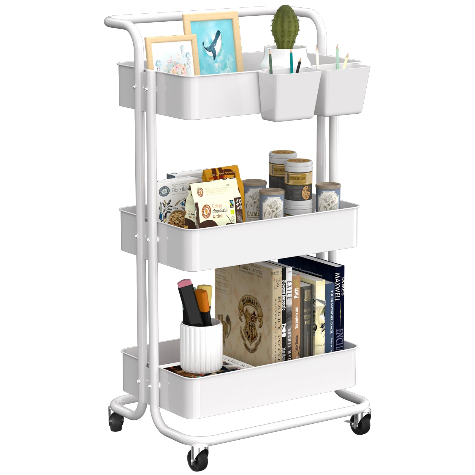EZ COZY 3 Tier Rolling Cart Heavy Duty,Metal Rolling Utility Cart with Wheels and Handle, Rolling Storage Cart with 2 Hanging Buckets, Multifunctional Trolley for Kitchen, Living Room, Office (White)
