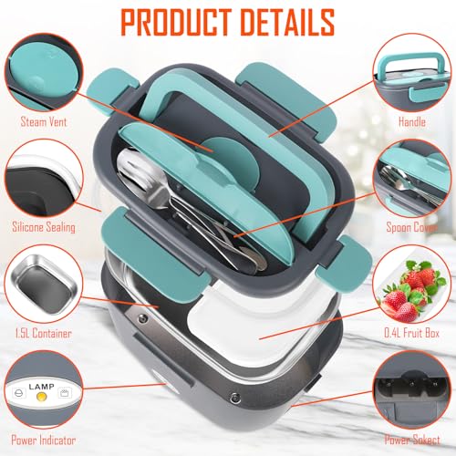 Grotreco Electric Lunch Box, Heated Lunch Box for Adults, 80W Lunch Warmer Portable for Work Car Truck, 1.5L Self Heating Lunch Box with Fork Spoon, Carry Bag