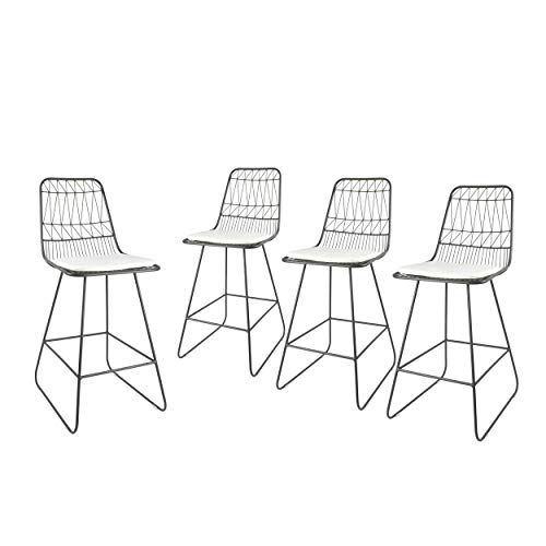 Great Deal Furniture Ella Outdoor Counter Stools, 26" Seats, Modern, Geometric, Gray Iron Frames with Ivory Cushion (Set of 4)