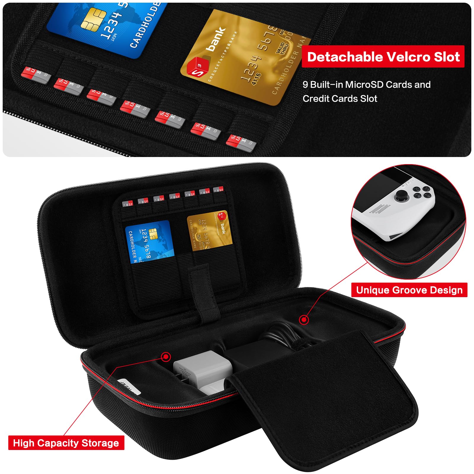 ivoler Carrying Case for Asus Rog Alloy 7''2023/Asus Rog Ally X 2024, Portable Hard Shell Pouch Travel Bag Built-in Gaming Charger Dock Storage, Holds 7 MicroSD and 2 Credit Sized Cards -Black