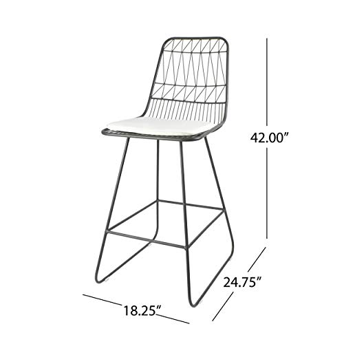 Great Deal Furniture Ella Outdoor Counter Stools, 26" Seats, Modern, Geometric, Gray Iron Frames with Ivory Cushion (Set of 4)