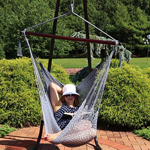Sunnydaze Hanging Caribbean XL Hammock Chair - Modern Boho-Style Soft-Spun Polyester Rope Hammock Chair Swing - Gray - Ideal for Yard, Balcony, Garden and Other Outdoor Living Spaces