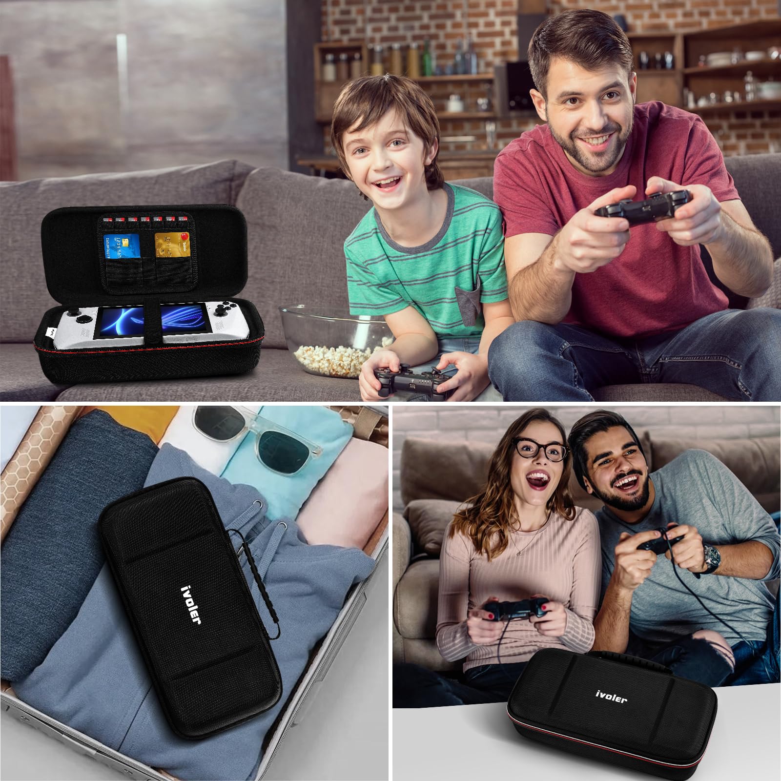 ivoler Carrying Case for Asus Rog Alloy 7''2023/Asus Rog Ally X 2024, Portable Hard Shell Pouch Travel Bag Built-in Gaming Charger Dock Storage, Holds 7 MicroSD and 2 Credit Sized Cards -Black